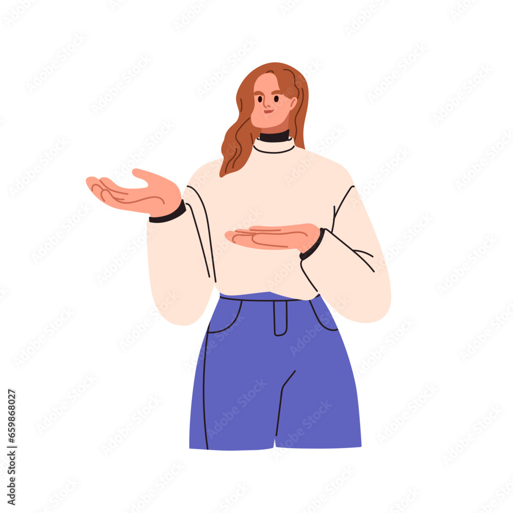 Woman presenter showing, pointing aside. Female speaker presenting ...