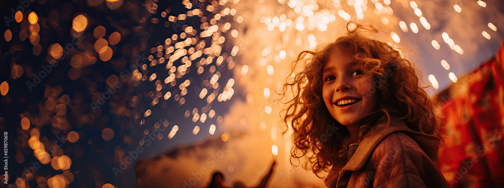 joyful young girl captured in awe of a dazzling firework spectacle ...