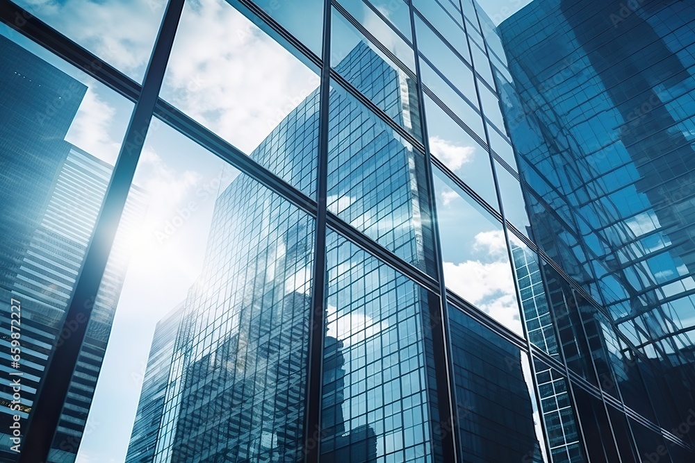 Reflective skyscrapers, business office buildings. Low angle ...