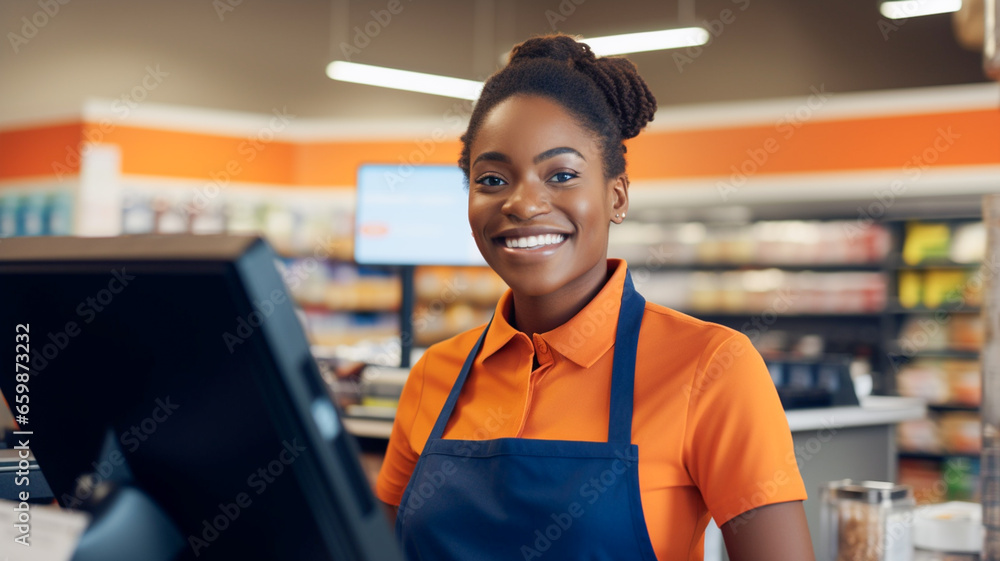 Portrait of smiling female cashier working in grocery store. Young ...