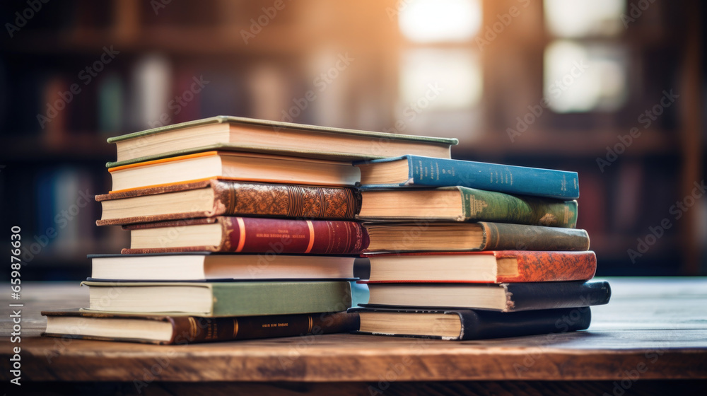 Book stack on wood desk and blurred bookshelf in the library room ...