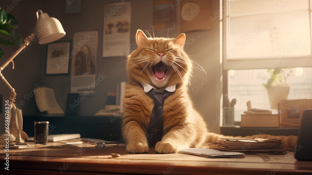 Office with laughing cat dressed in a corporate clothing and tie. Home ...