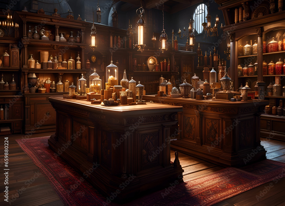 Alchemist lab. A strange room of curiosities filled with lots of ...