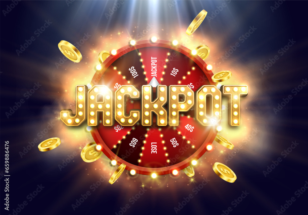 Shining Jackpot sign with wheel of fortune and golden coins. Vector ...