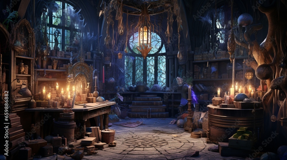 the room into a magical wizard's lair with spellbooks, potion bottles ...
