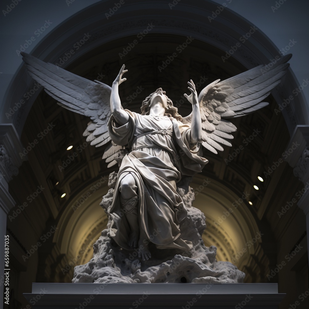 Marble statue of masculine fallen angel with demon wings looking up to ...