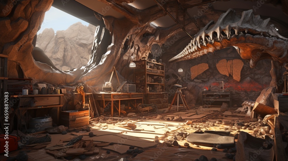 Transform the room into a dinosaur excavation site with fossils and ...