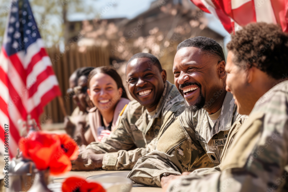 Group of happy african american military men, women, war veterans on a ...