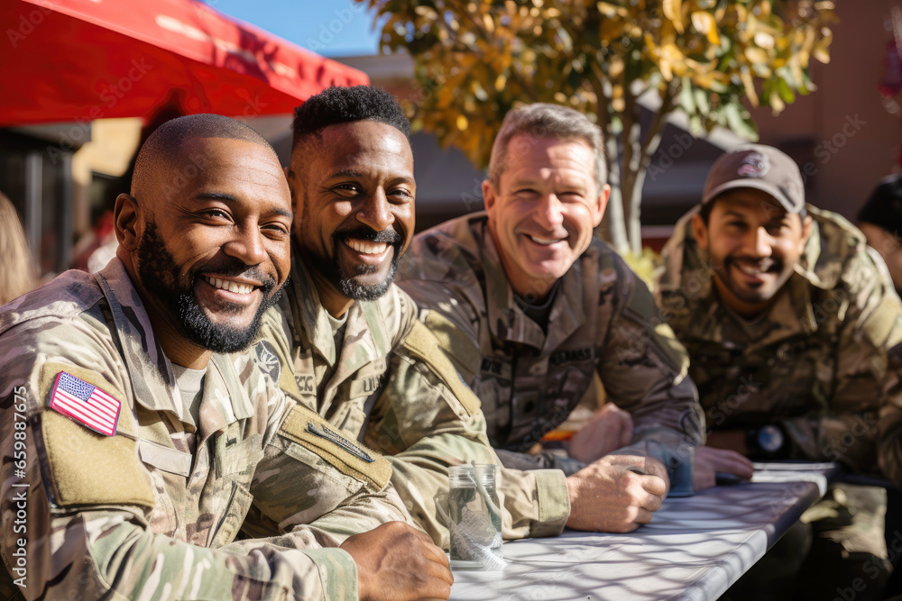 A cheerful group of military veterans, smiles soldier men who proudly served their country, in ...
