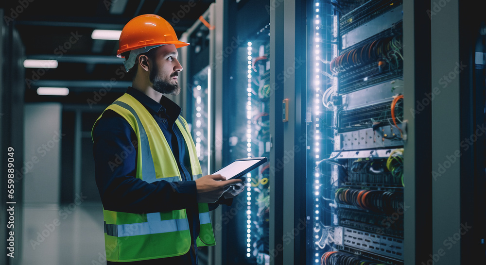 Smart IT engineer working in data center using digital tablet looking ...