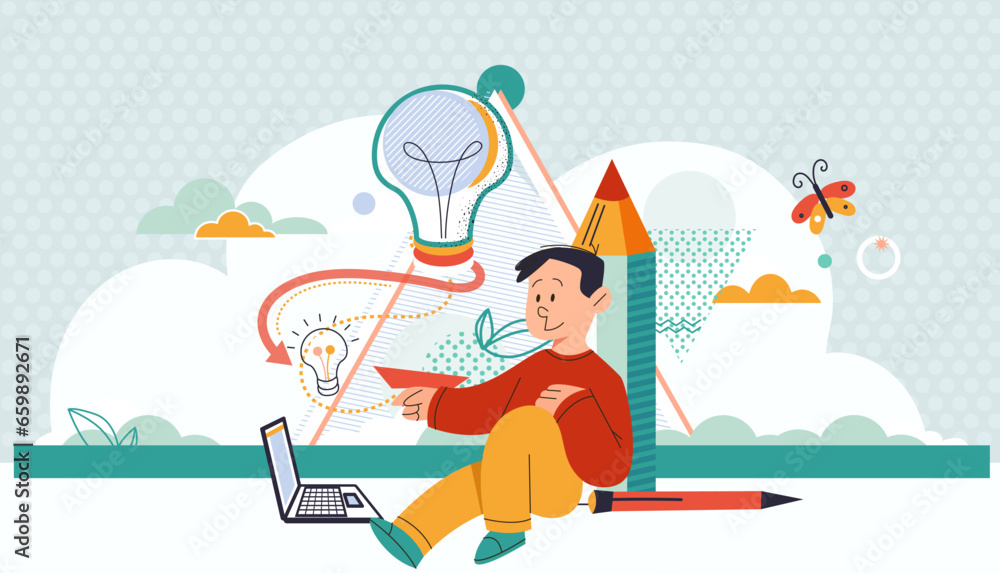 Little boy using notebook computer at room with creative idea icons ...