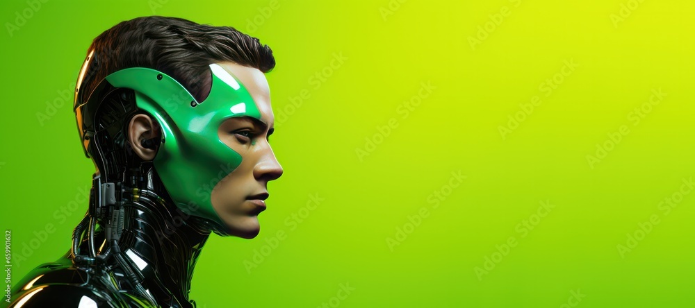 androgynous robot with artificial intelligence profile closeup on green ...