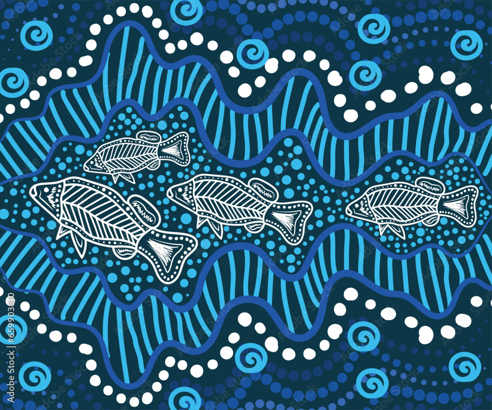 Poster Blue aboriginal dot artwork illustration with fish – Wall Art ...