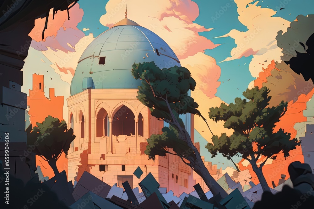 Cartoon tree growing from the center of destroyed mosque dome between ...