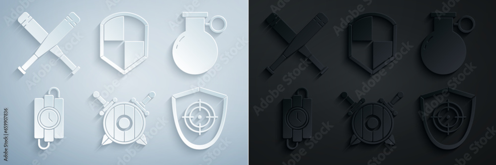 Set Wooden shield with crossed swords, Hand grenade, dynamite stick ...