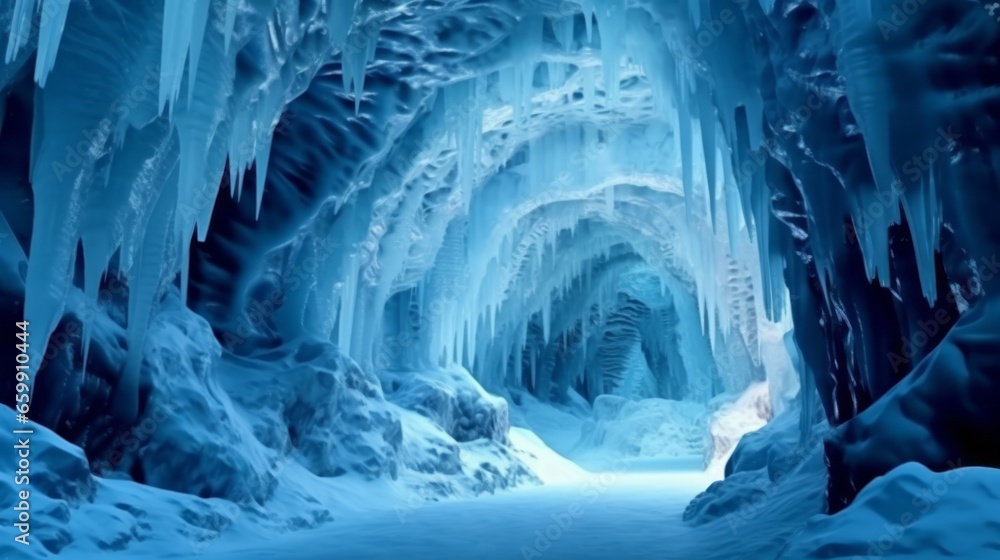 Beautiful blue Ice cave with a tunnel to pass through it. Melting glaciers leave frozen ice ...