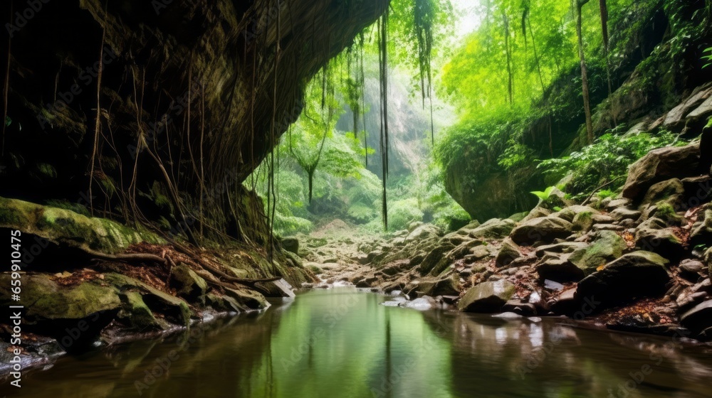Flooded passage through a grotto in the mountains of a rainforest ...