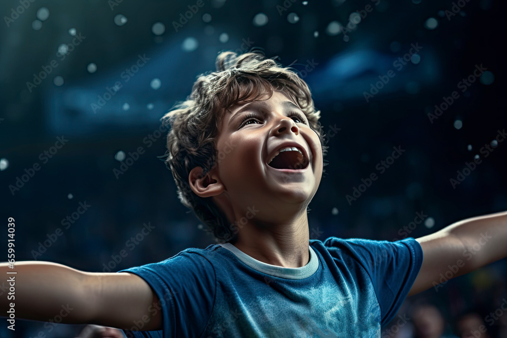 Soccer boy. Junior football or soccer player at stadium in flashlight ...