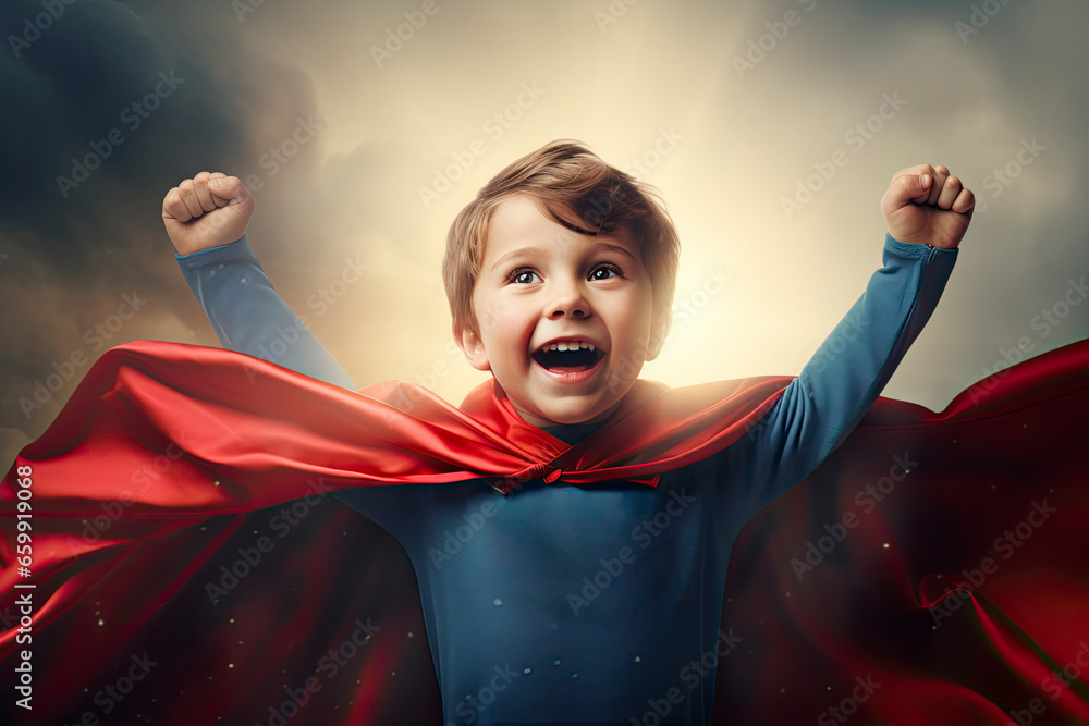 Very happy and excited kid boy doing winner gesture with arms raised ...