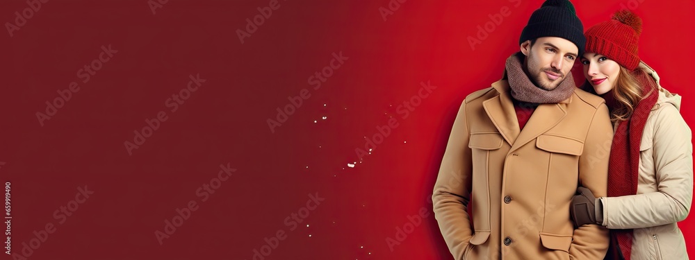 Cute and loving couple in winter clothes, hats and scarves. With a ...