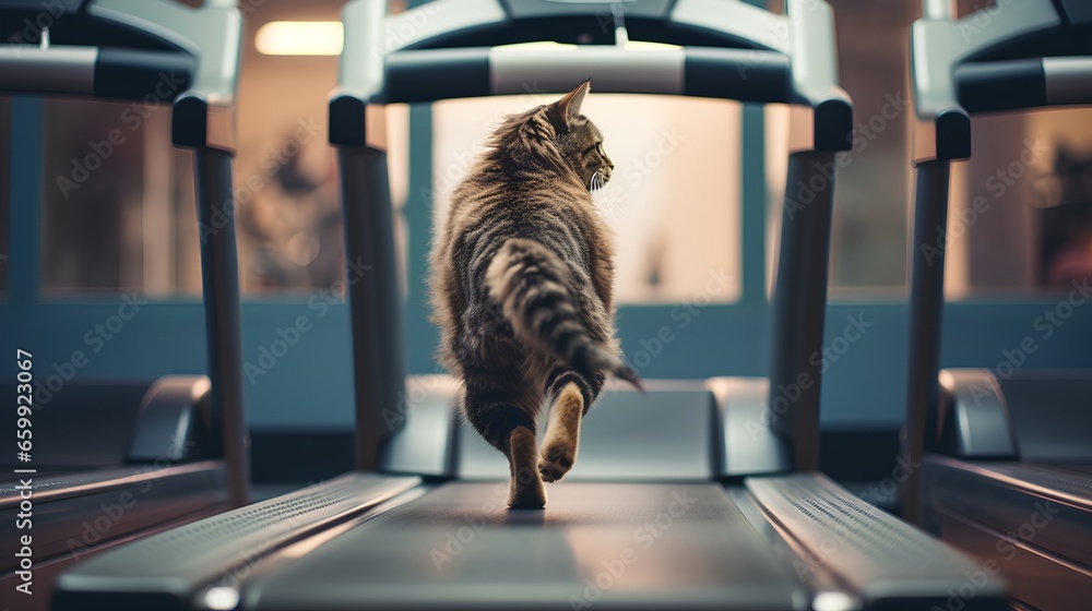 Cat in a gym fitness center, engaging in workout routine. Funny ...