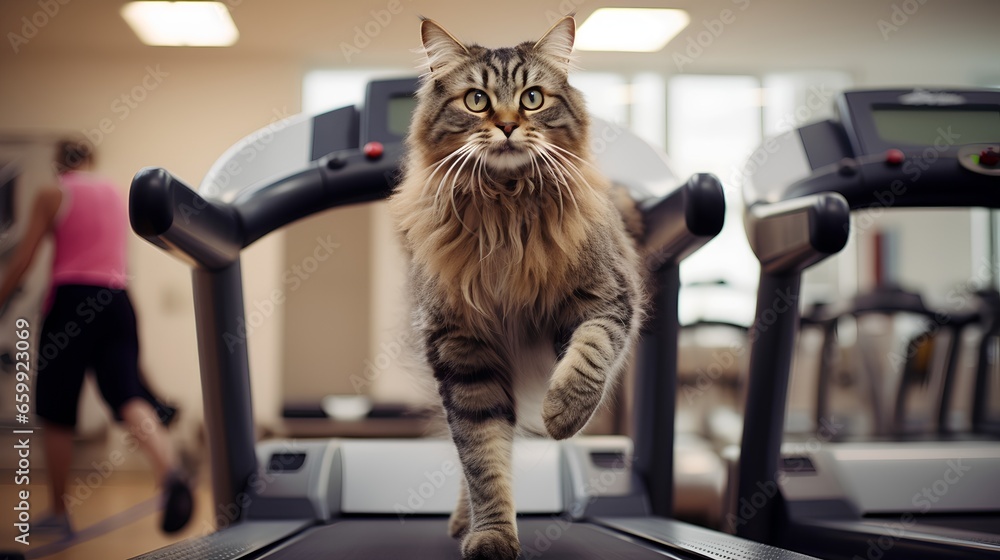 Cat in a gym fitness center, engaging in workout routine. Funny ...