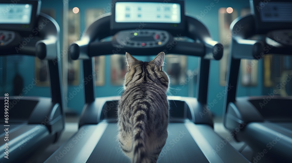 Cat in a gym fitness center, engaging in workout routine. Funny ...