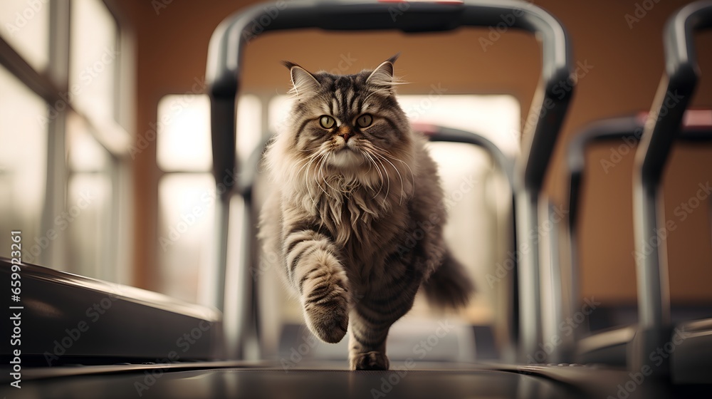 Cat in a gym fitness center, engaging in workout routine. Funny ...