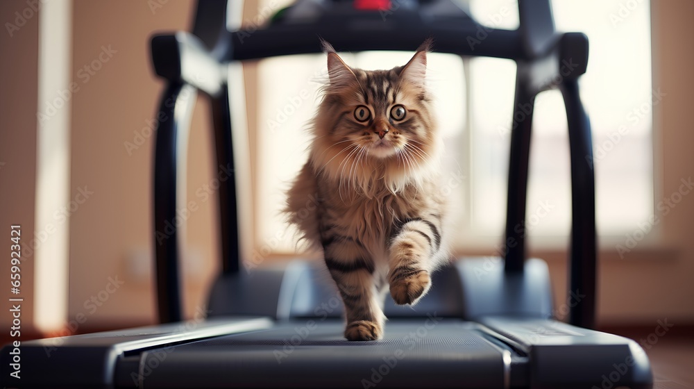 Cat in a gym fitness center, engaging in workout routine. Funny ...