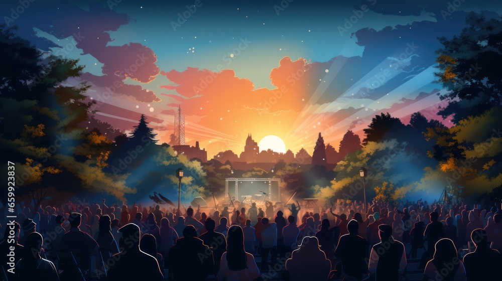 Vector art of music festival Outdoor concert with outdoor stage, live ...