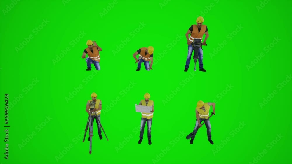 3d green screen construction workers measuring pounding with hammer ...