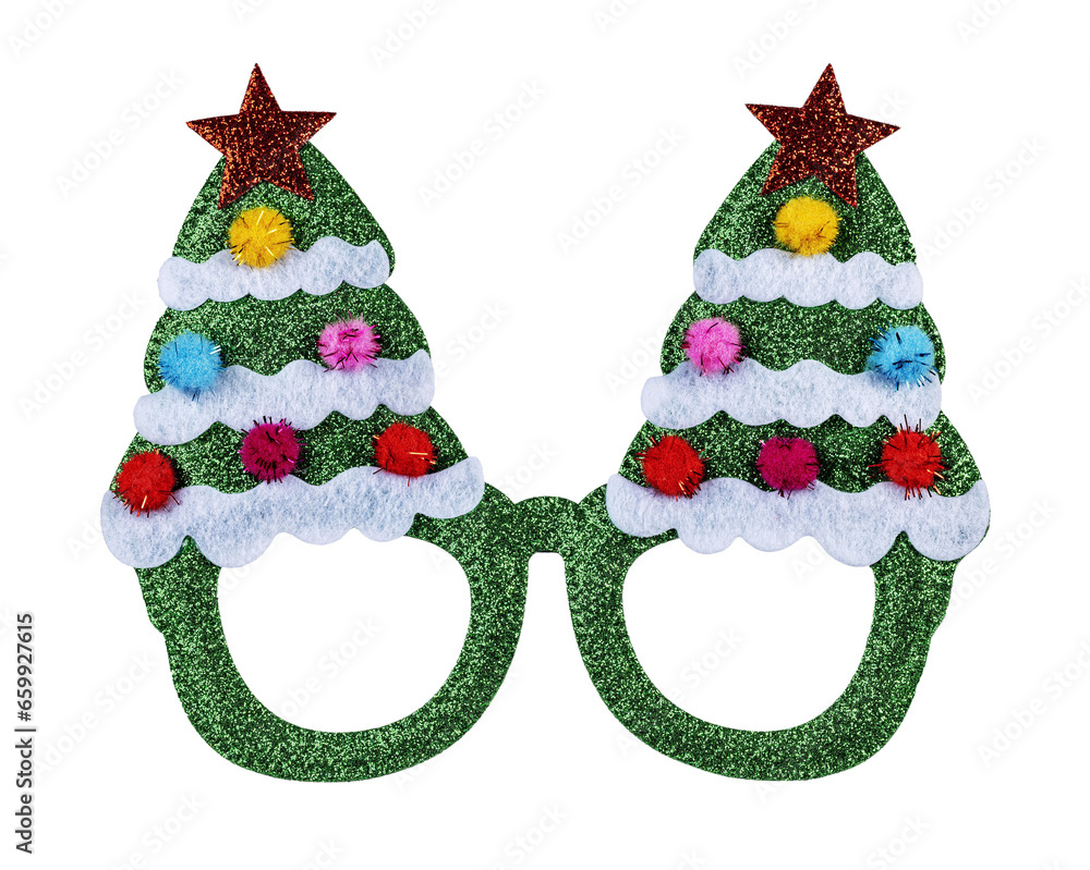 Funny Christmas theme party glasses. Front view, isolated cutout on ...