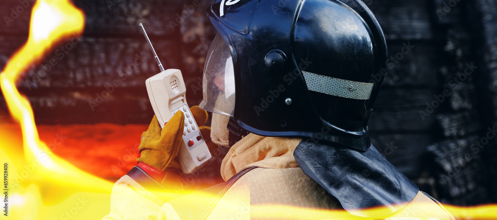 Concept call to rescue service banner. Portrait firefighter officer ...
