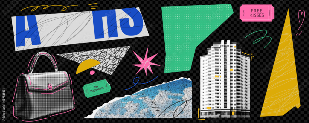 A kit with halftone style collage elements. Various shapes cut out of a ...