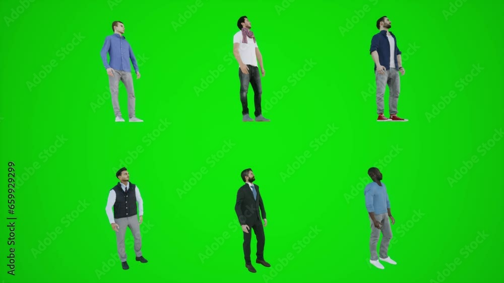 3D animation of six men standing on a green screen and waiting ...