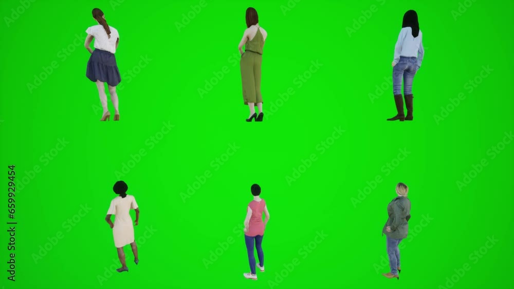 Vidéo Stock 3D animation of six women standing on a green screen and ...