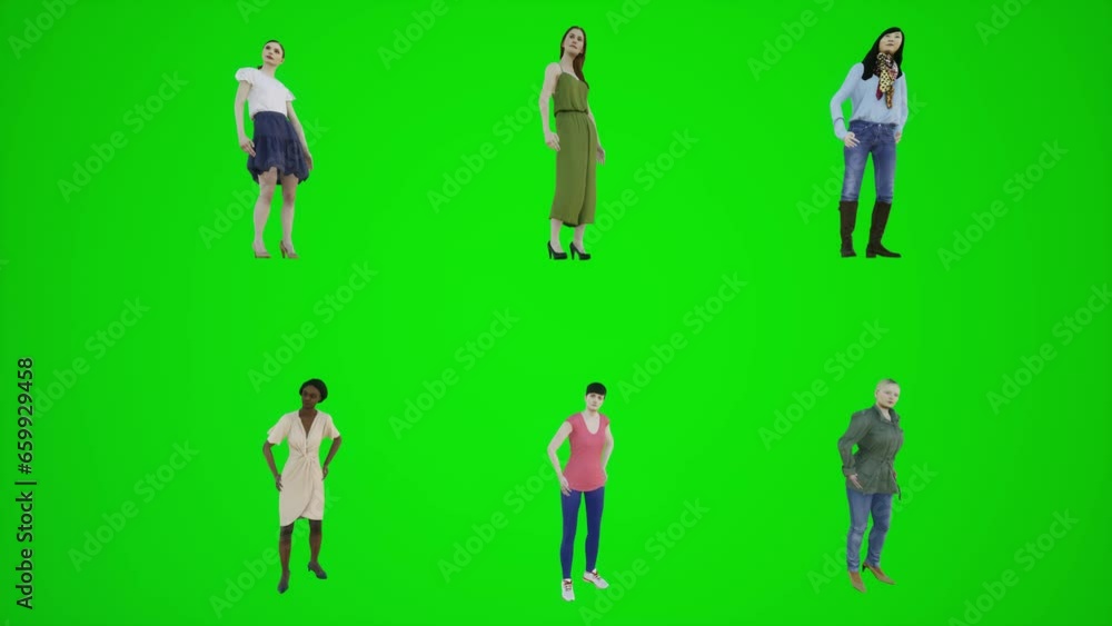 3D animation of six women standing on a green screen and waiting on the ...