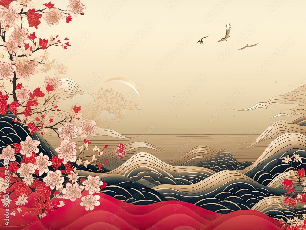 Oriental style background with Japanese pattern oriental line art and ...