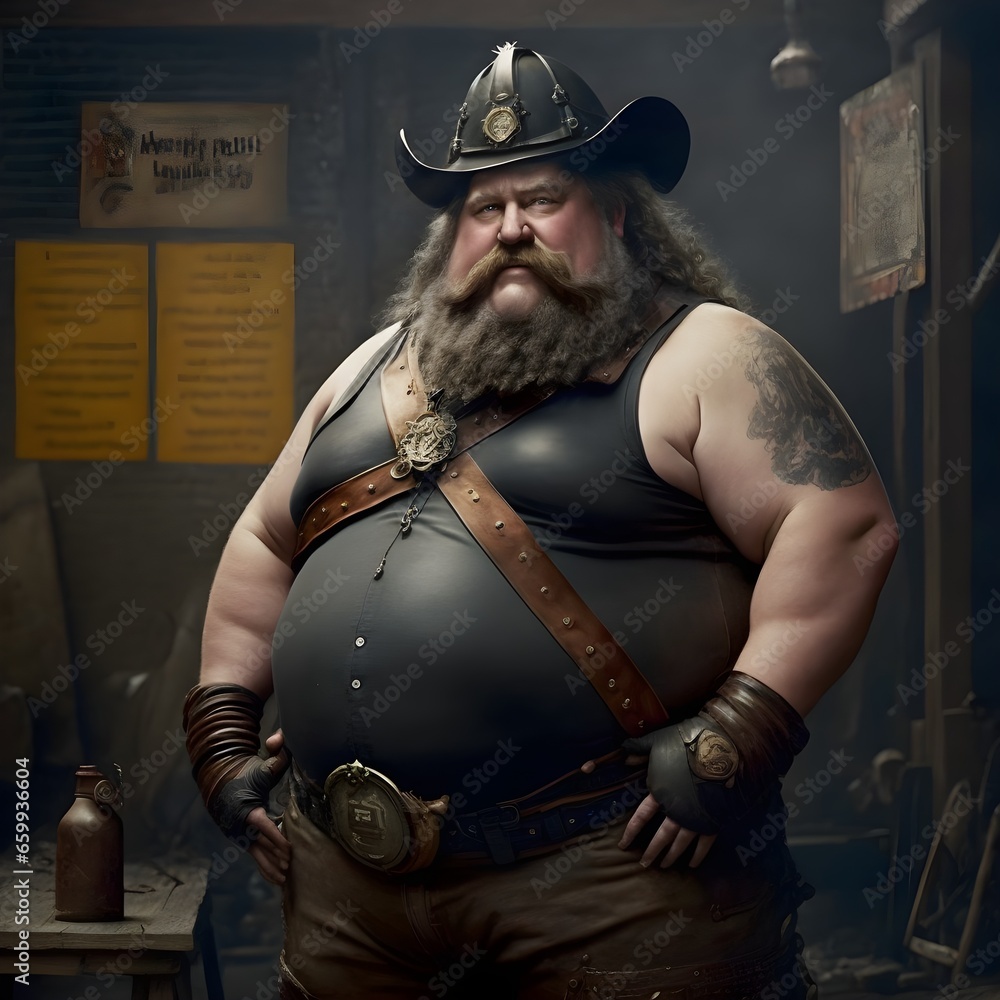 An old fat hairy biker with a hairy chest and belly only wearing a ...