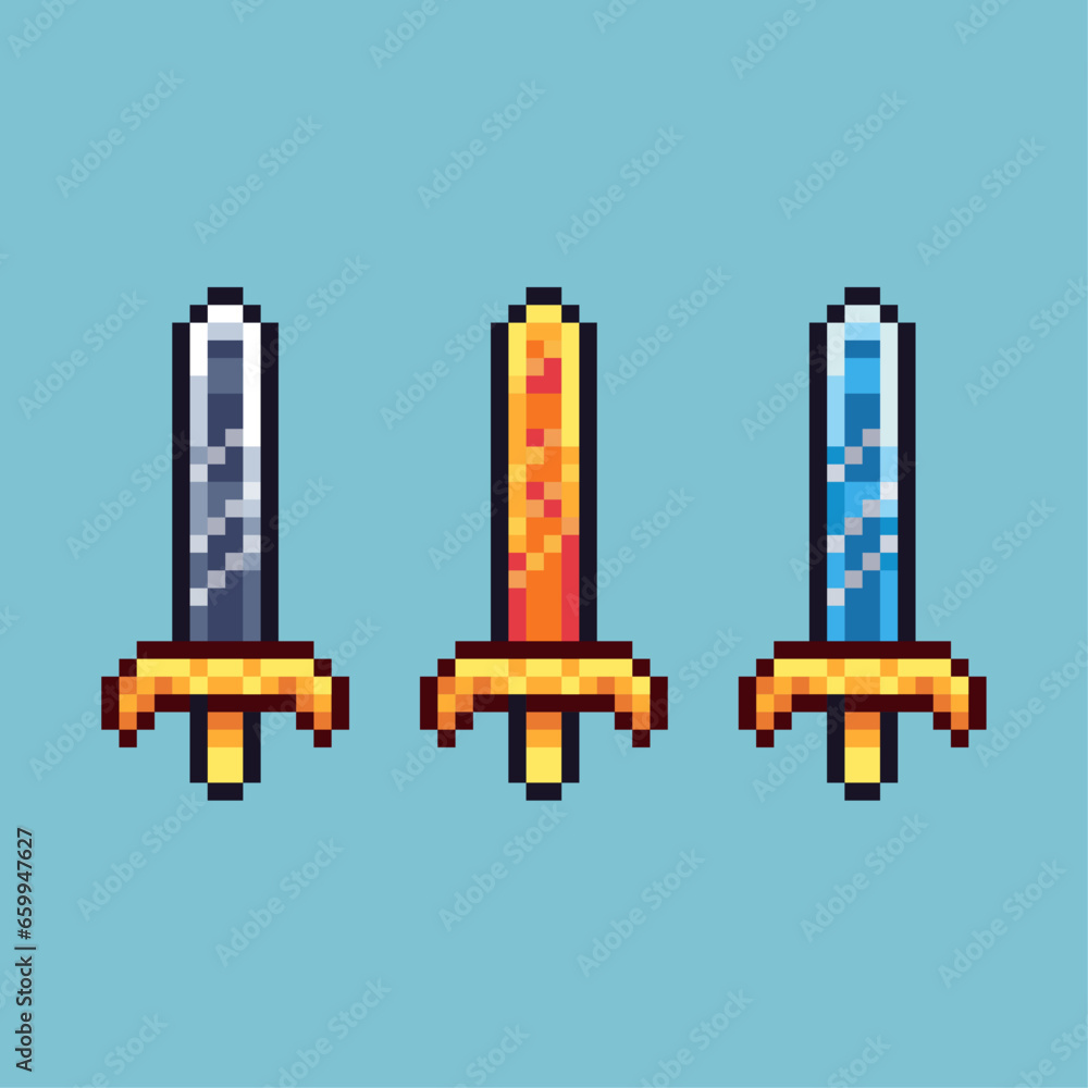 Pixel art sets of silver,gold,blue sword with variation color item ...