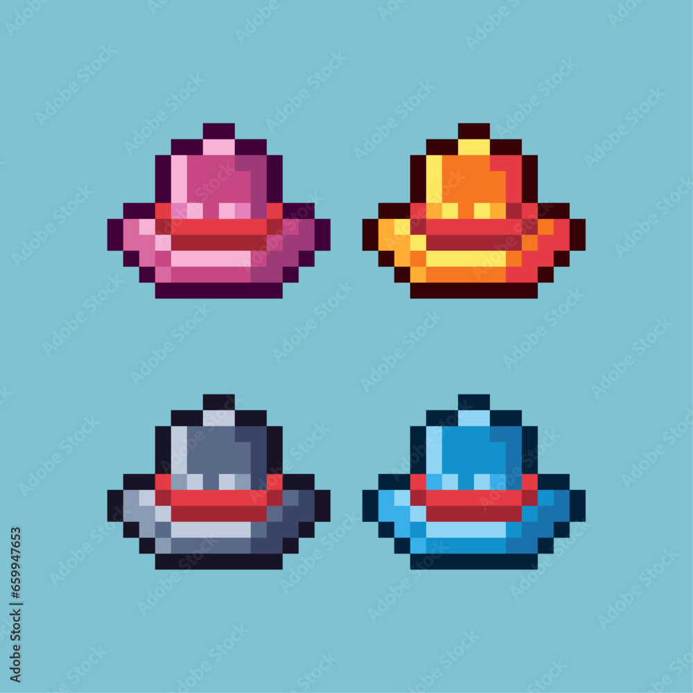 Pixel art sets of hat with variation color item asset. Simple bits of ...