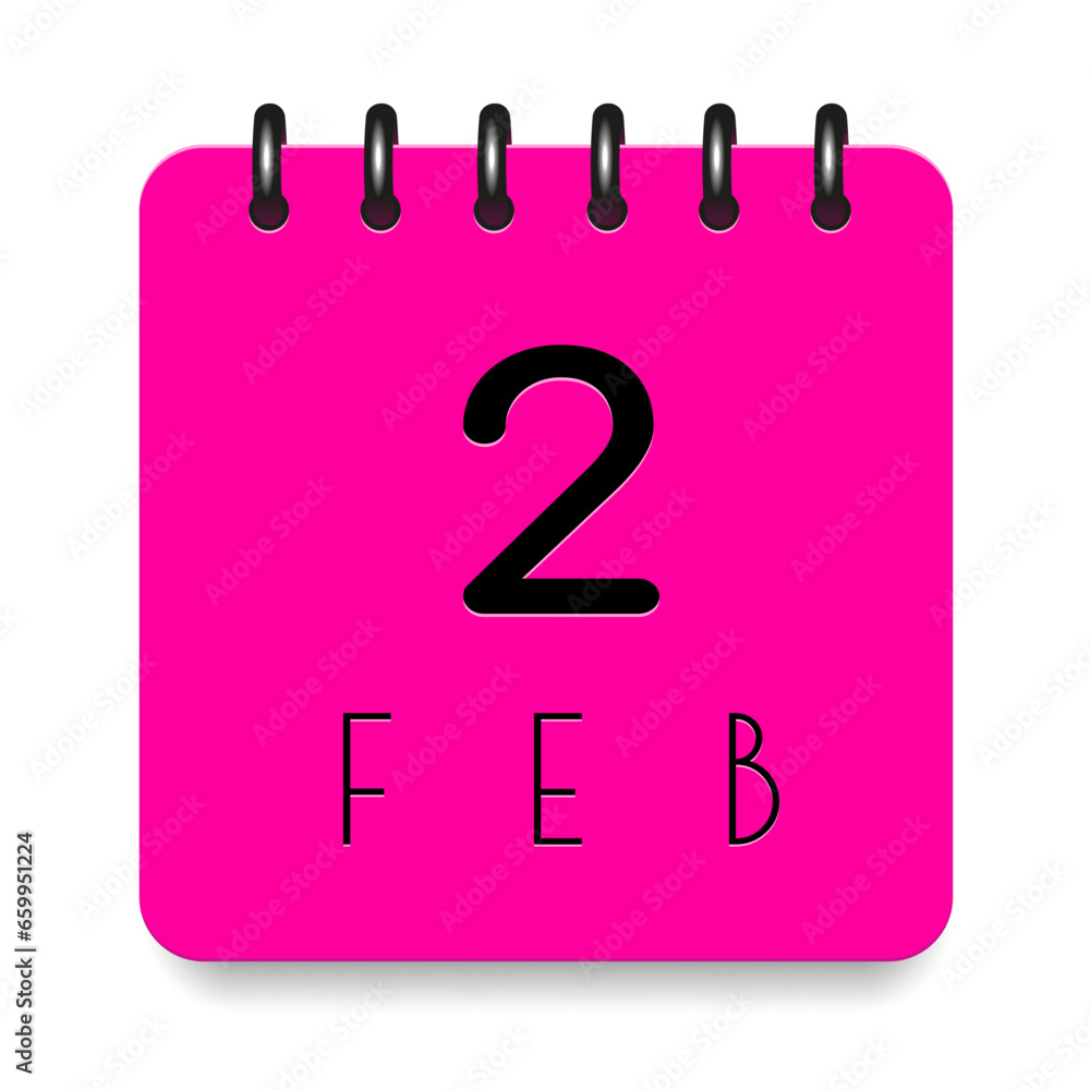 2 day of the month. February. Pink calendar daily icon. Black letters ...