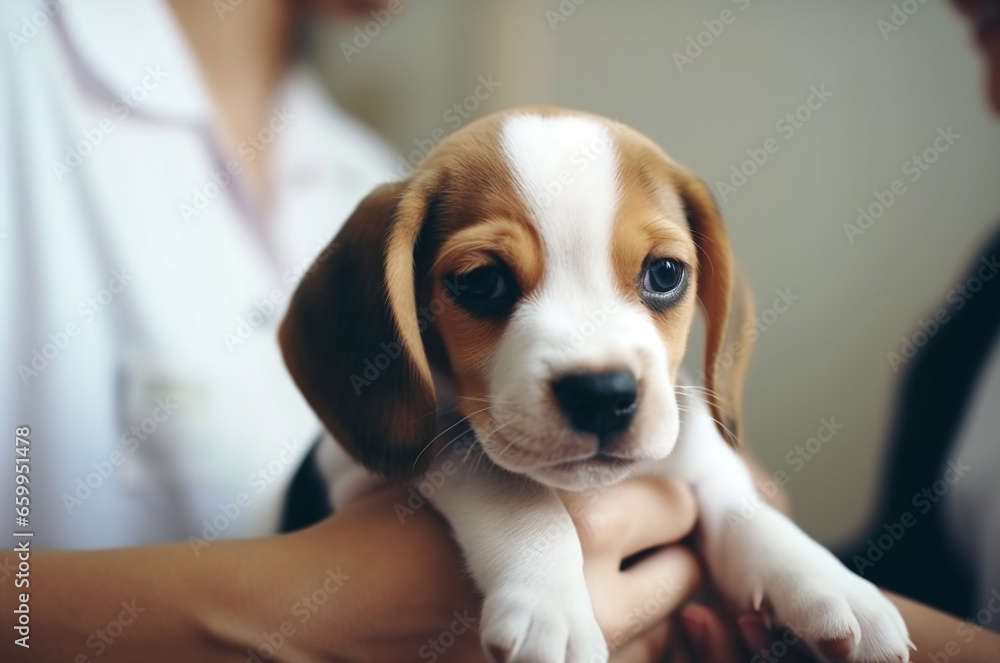 Vet doctor examining beagle in animal hospital. Cropped image of ...