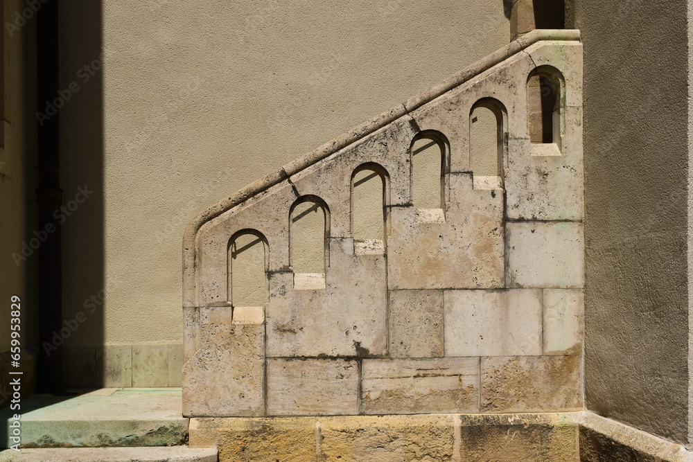 weathered old exterior stone short stairs with stone balustrade. church ...