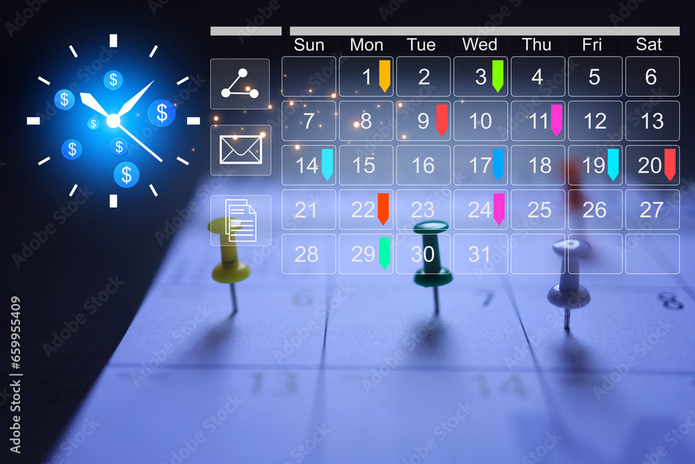 Clock and calendar meeting schedule marking color note target date ...