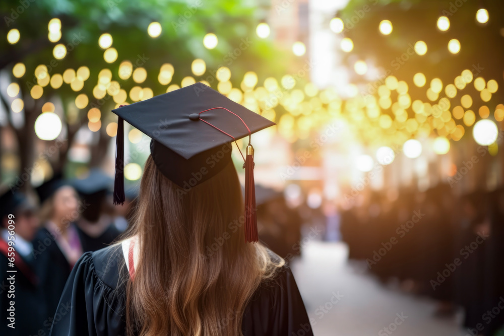 Rear view of university graduates wearing graduation gown and cap in ...