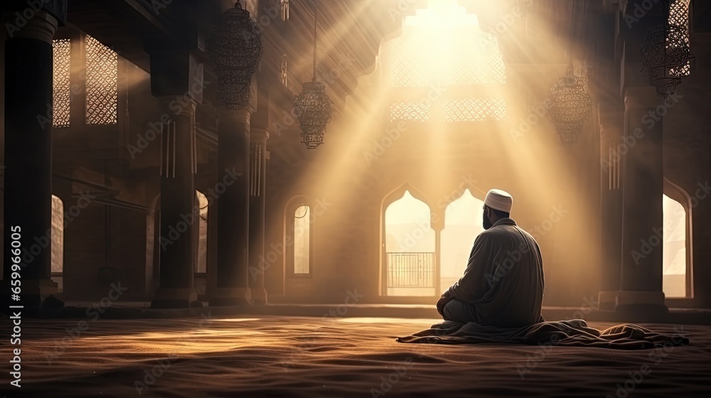 Islamic photo. Muslim man praying in the mosque. Sunlight rays and haze ...