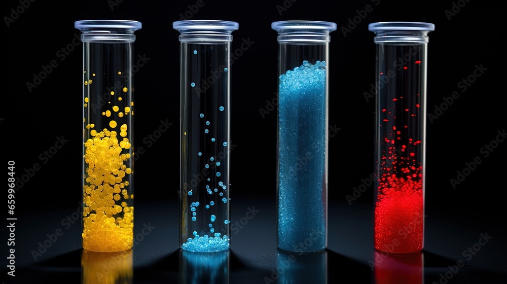 Blue, yellow, red granules of polypropylene, polyamide in a test tube ...