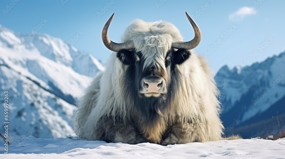 White & black yak in alpine mountains. Himalayan big yak in beautiful ...