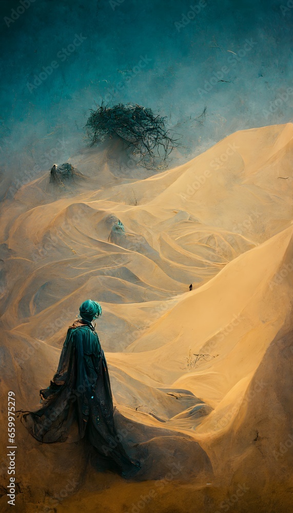 portrait of the sandman with teal hair and long robes sand dunes and ...